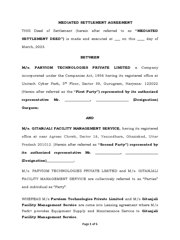Mediated Settlement Agreement | PDF | Mediation | Private Law
