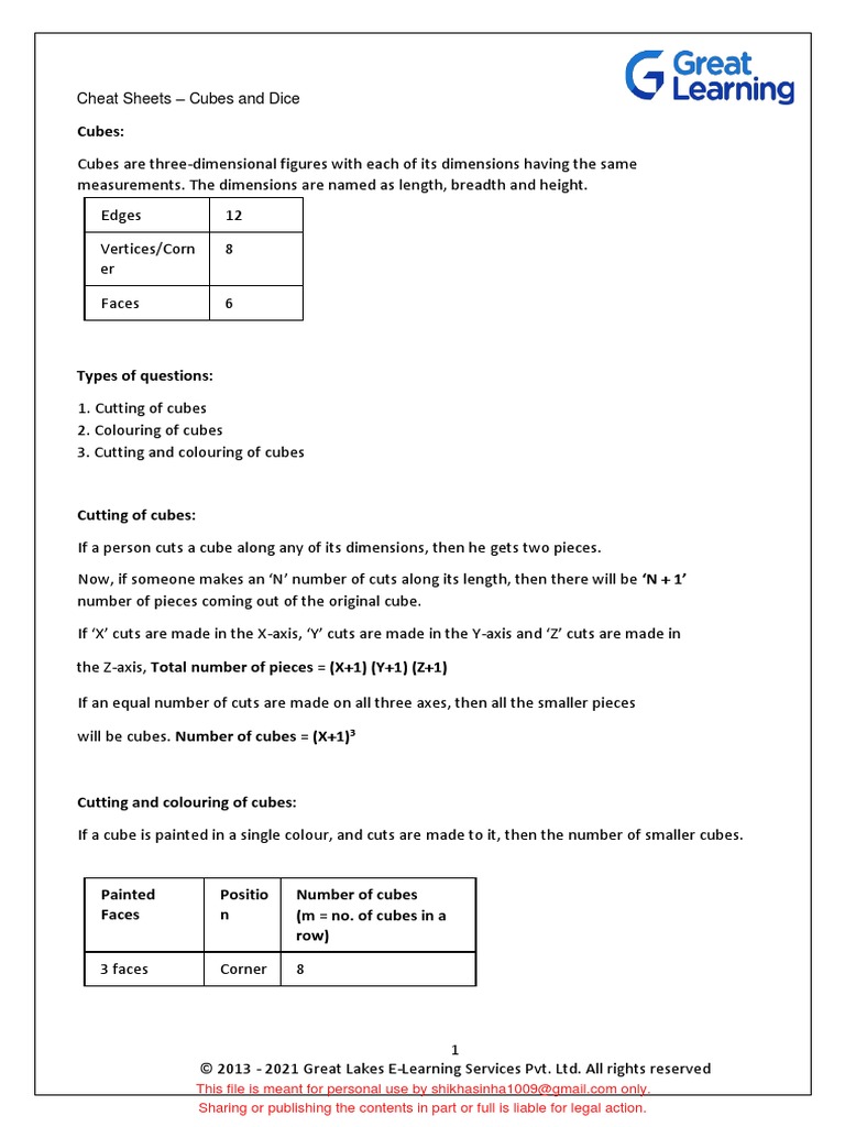 Cheat Sheet - Cubes and Dice | PDF | Dice | Cartesian Coordinate System