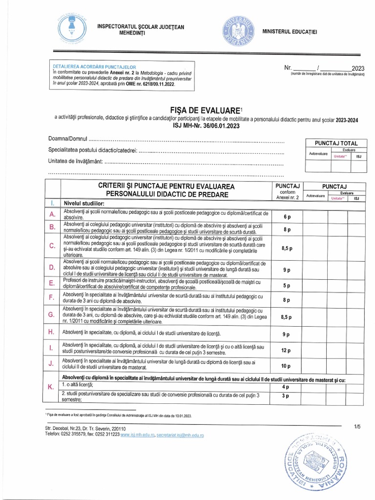 Fisa Evaluare Mobilitate 2023 | PDF