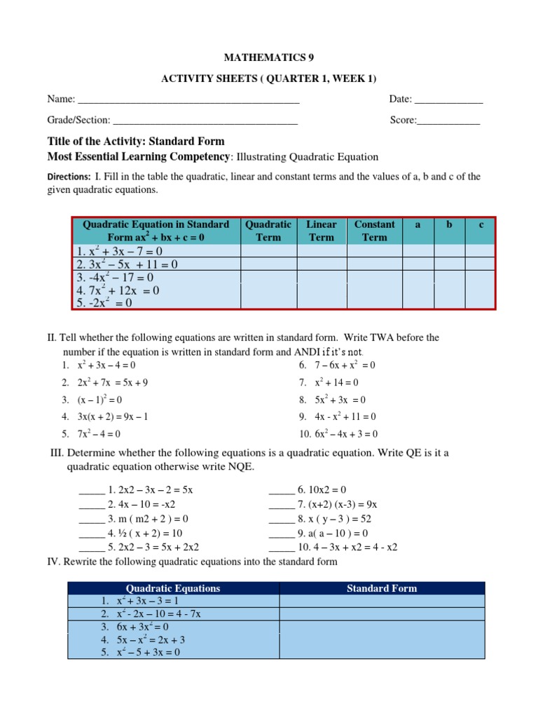 ACTIVITY-SHEETS MATH-9 Wk1 | PDF | Quadratic Equation | Mathematical Concepts