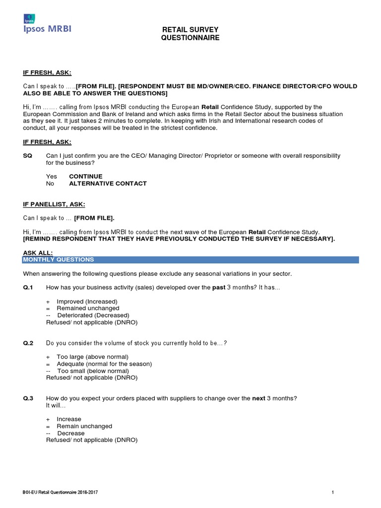 Retail Survey Questionnaire | PDF | Line Of Credit | Labour Economics