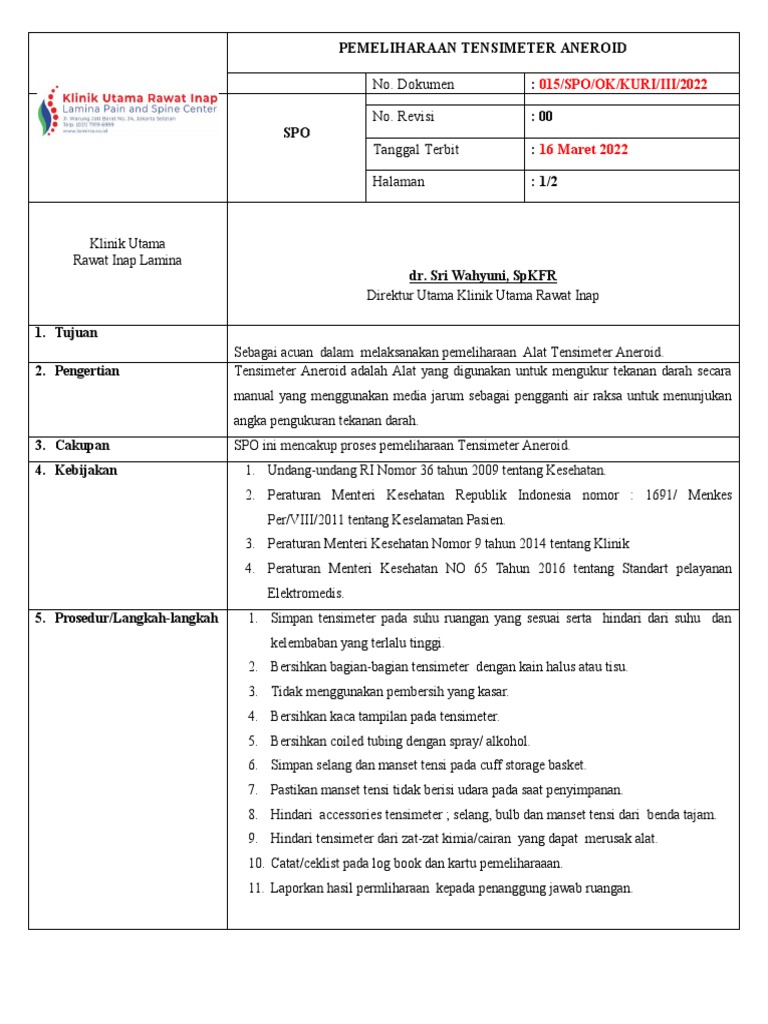 Prosedur PEMELIHARAAN Tensi Meter Aneroid | PDF