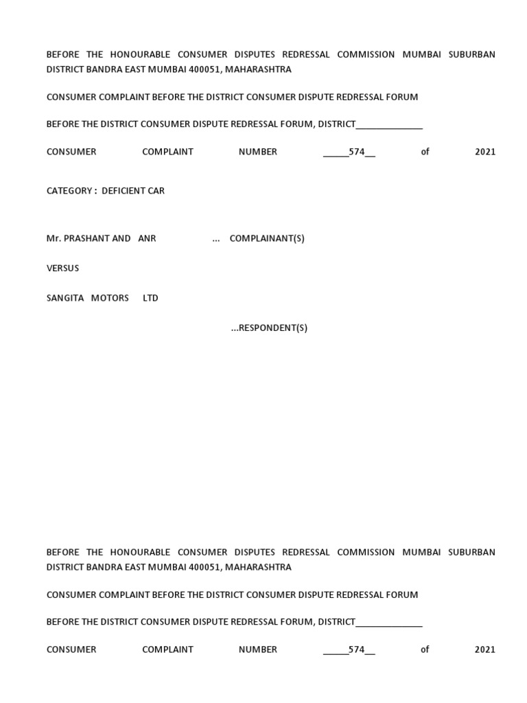 BEFORE THE HONOURABLE CONSUMER DISPUTES REDRESSAL COMMISSION DRAFT ...