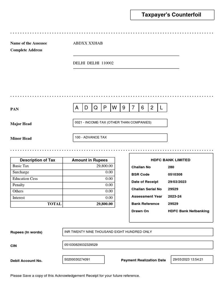 Abdul Wahab Advance Income Tax Challan | PDF