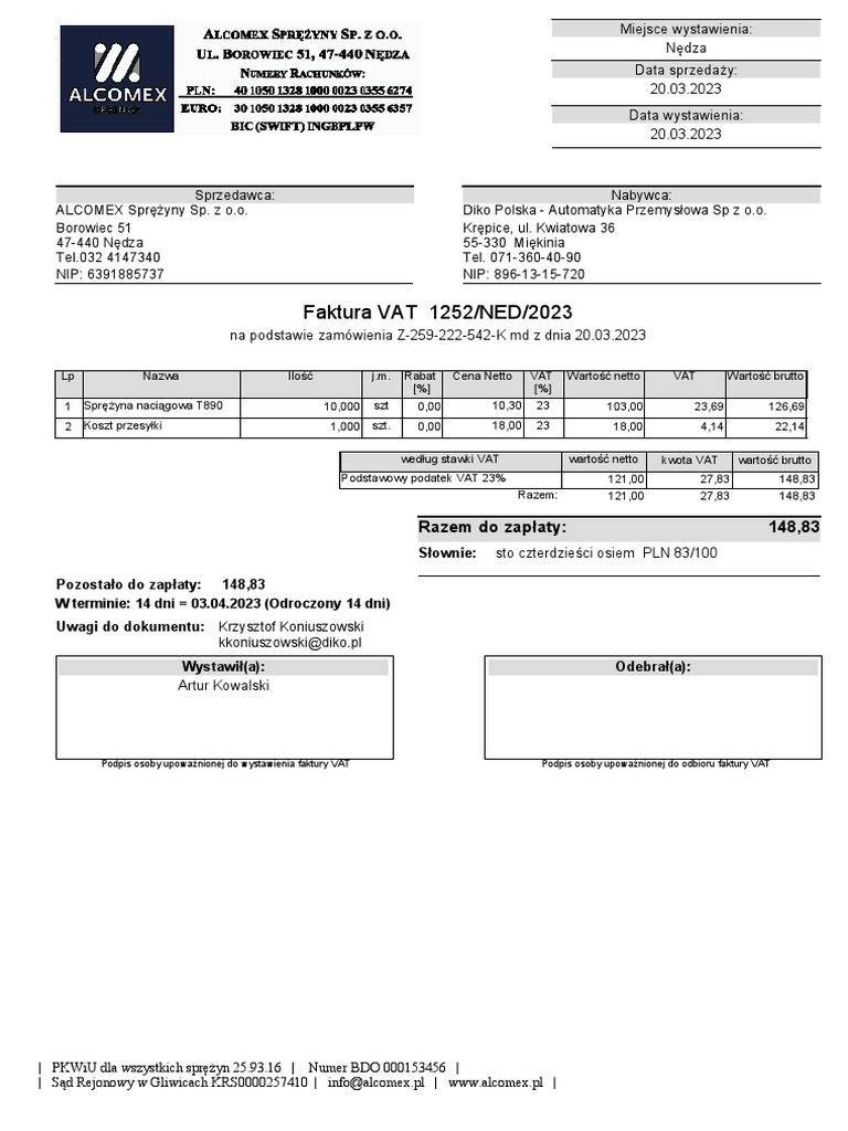 Faktura VAT 1252/NED/2023: Razem Do Zapłaty: 148,83 | PDF