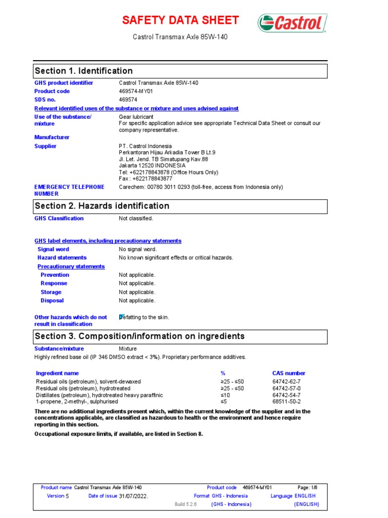 Castrol Transmax Axle 85W-140 SDS | PDF | Personal Protective Equipment ...