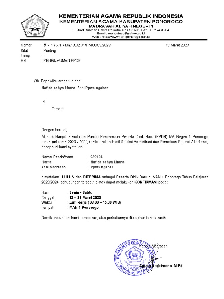 Surat 232104 - Hafida Cahya Kirana - Ppws Ngabar | PDF