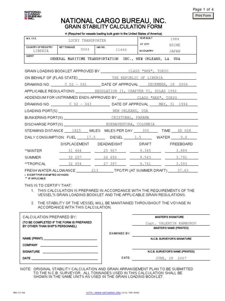 NCB GRAIN Voy08 | PDF | Tonnage | Port