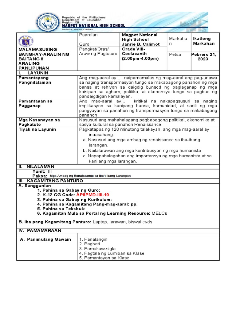GRADE 8 LESSON PLAN QUARTER 3 WEEK 1 Nasusuri Ang Mahahalagang ...