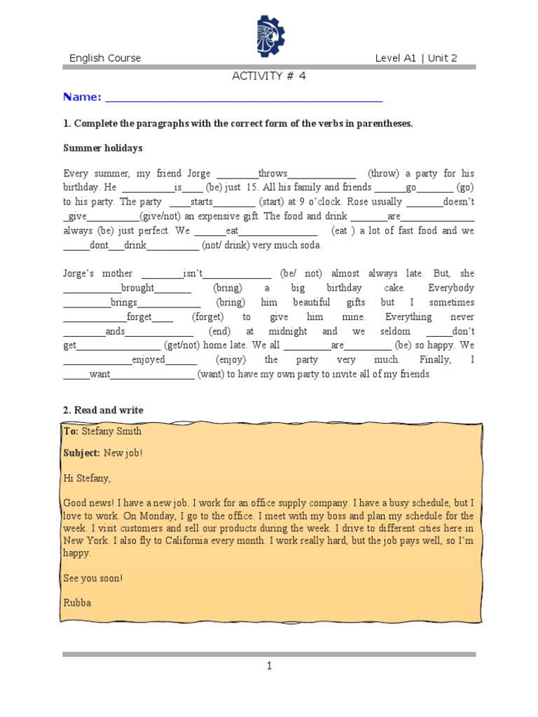 Exercise 4 - Simple Present III (Unit 2, 4th Week) | Download Free PDF | Linguistic Morphology ...