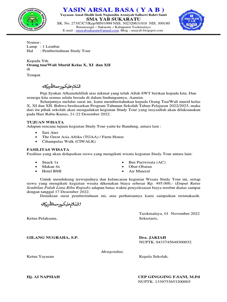Surat Pemberitahuan Studi Tour 2022 | PDF