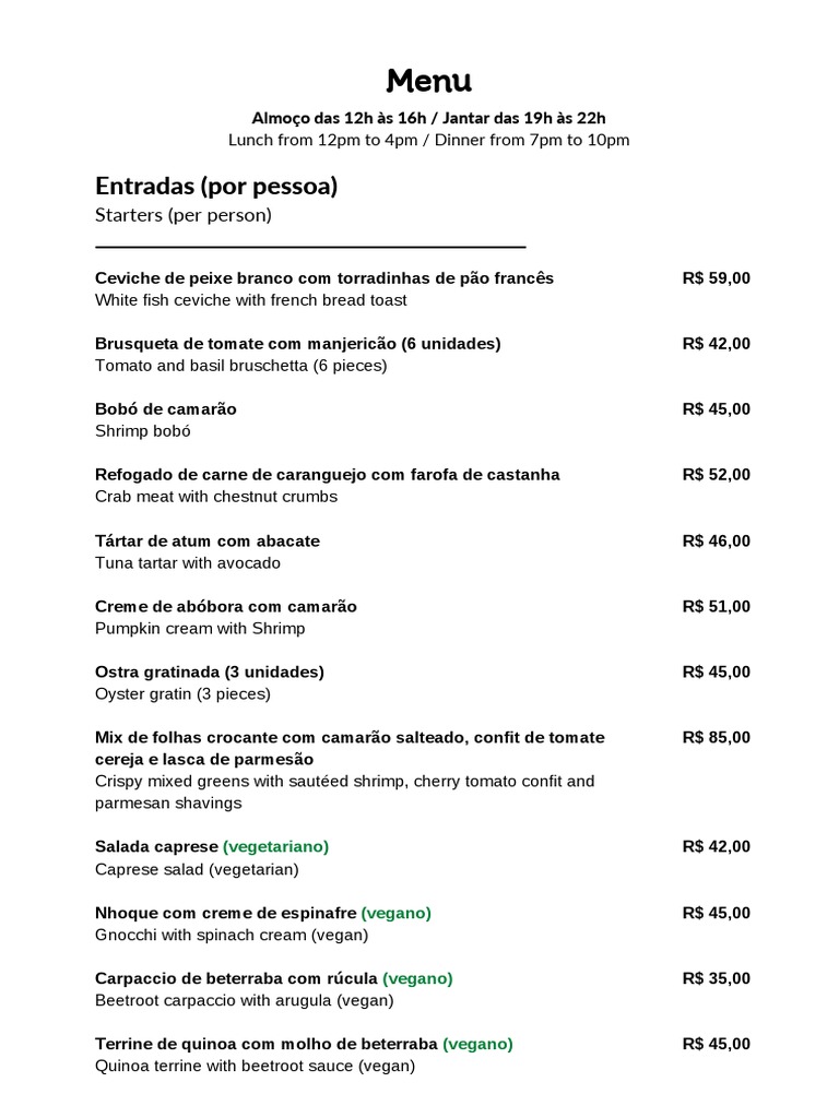Menu - Português e Inglês | PDF | Alimentos | Ingredientes de alimentos