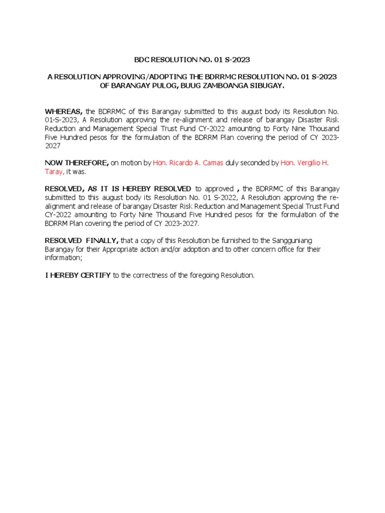 Sample Reso For Barangay | PDF | Government