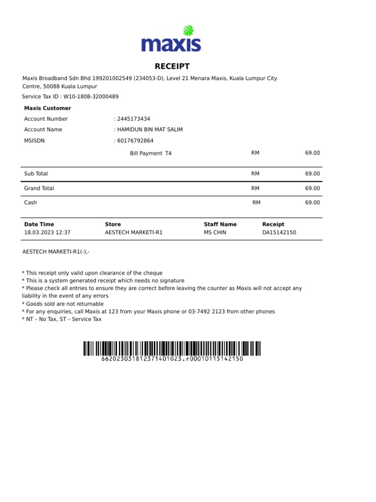 Receipt: Maxis Customer | PDF