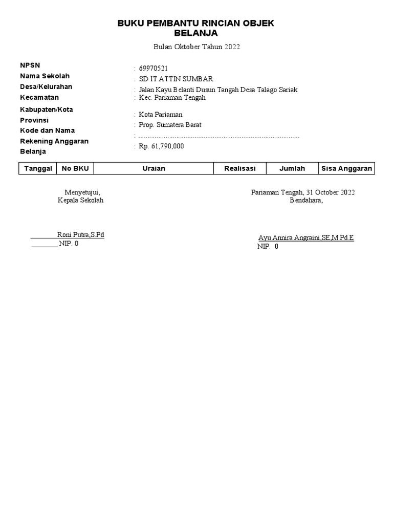 Buku Pembantu Rincian Objek Belanja: Bulan Oktober Tahun 2022 | PDF