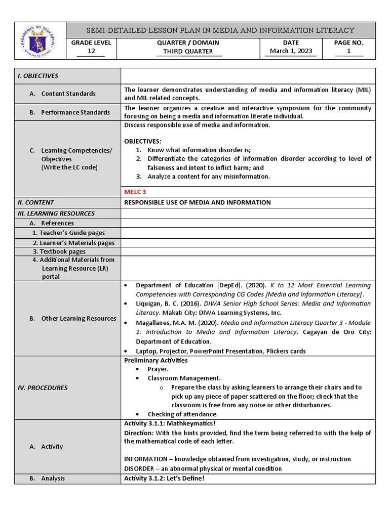 Mar 1 MIL Q3 Lesson 3.1 - Responsible Use of Media and Information ...
