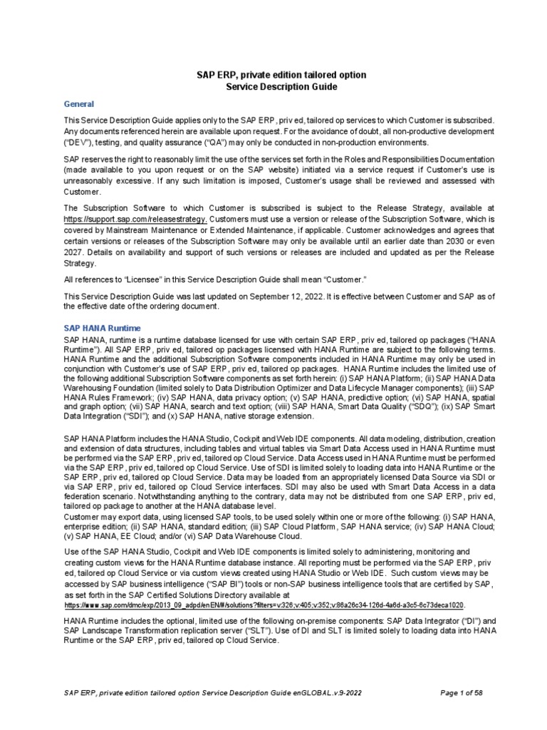 General: SAP ERP, Private Edition Tailored Option Service Description ...