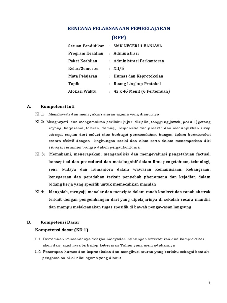 RPP Humas Keprotokolan 12 kd.3.1. Ruang Lingkup Protokol | PDF | Karier & Perkembangan | Seni