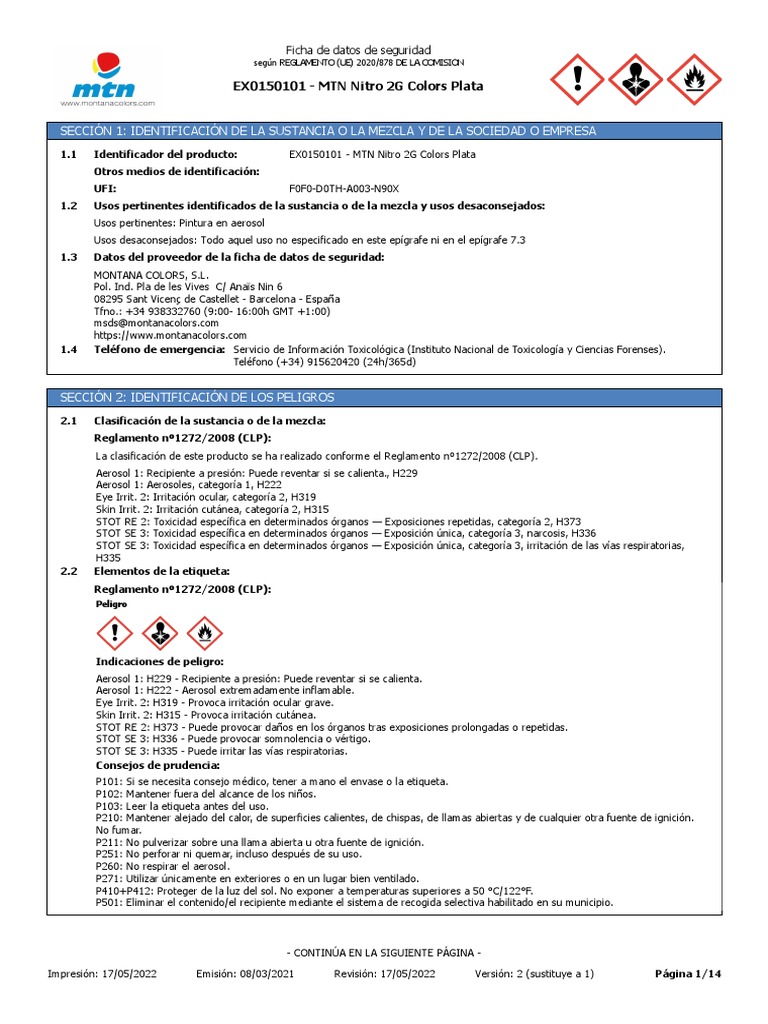 MSDS MTN Nitro 2G Colors Plata ES | PDF | Toxicidad | Toxicología