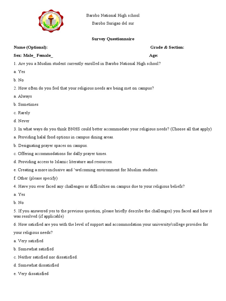 Survey Questionnaire Name (Optional) : Grade & Section: Sex: Male ...
