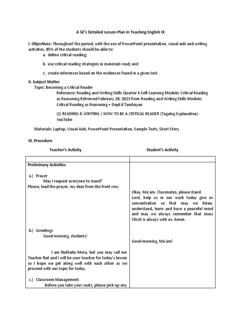 Becoming A Critical Reader Detailed Lesson Plan | PDF | Cognition