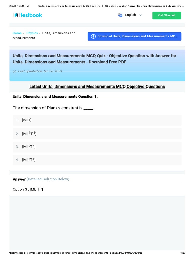 Units, Dimensions and Measurements MCQ (Free PDF) - Objective Question ...