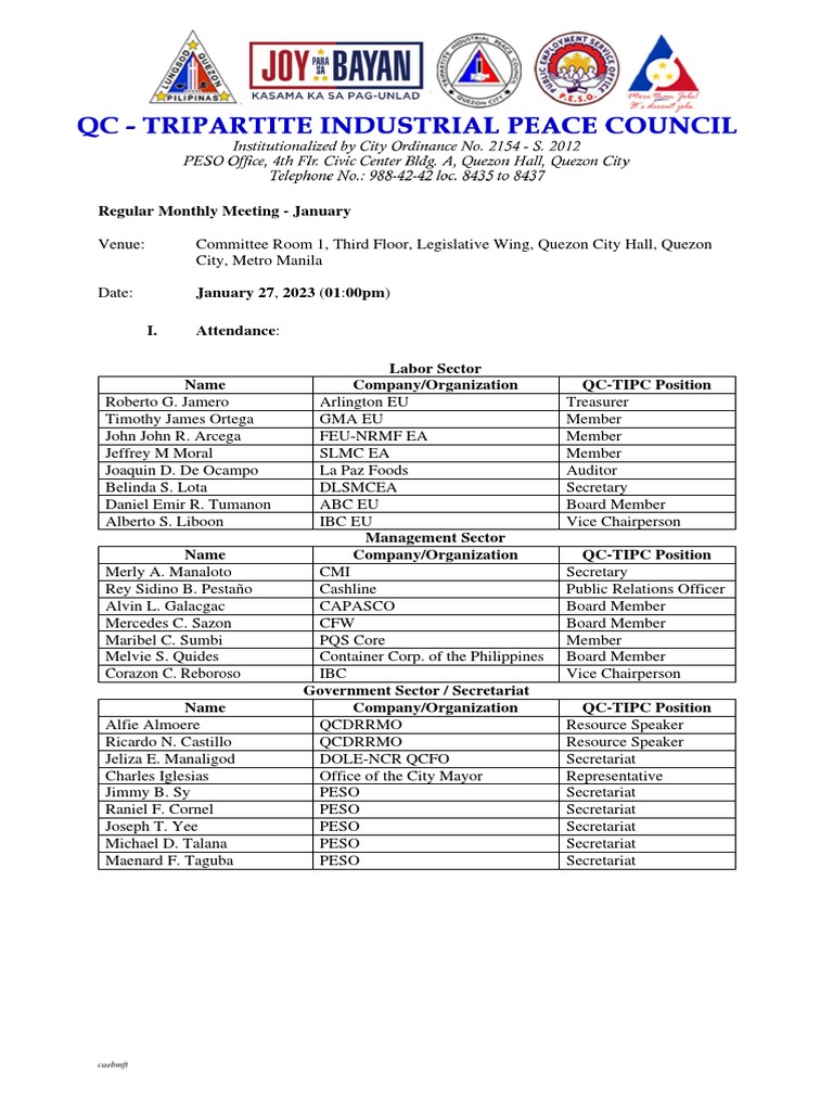 Minutes of The QC-TIPC Meeting (January 2023) | Download Free PDF ...