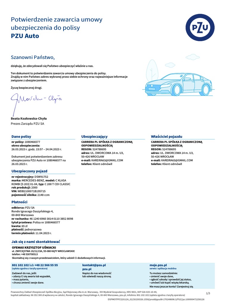 Potwierdzenie Zawarcia Umowy Ubezpieczenia Do Polisy PZU Auto | PDF