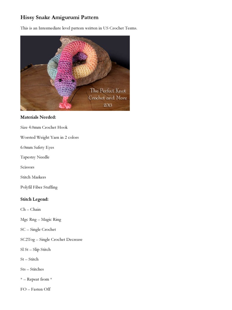 Hissy Snake Amigurumi Pattern | PDF | Crochet | Figured Fabrics
