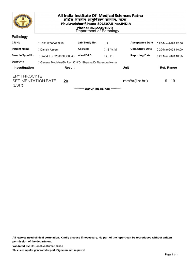 Department of Pathology: Erythrocyte Sedimentation Rate (ESR) 20 MM/HR ...