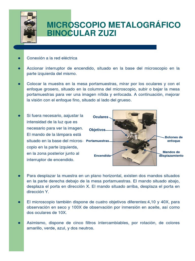 Uso y partes del microscopio Zuzi | PDF