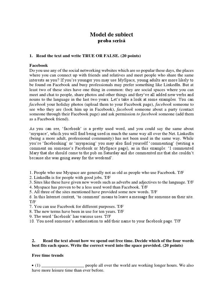 Model de Subiect Test Engleza CL 9a 2021 | PDF | Facebook | Leisure