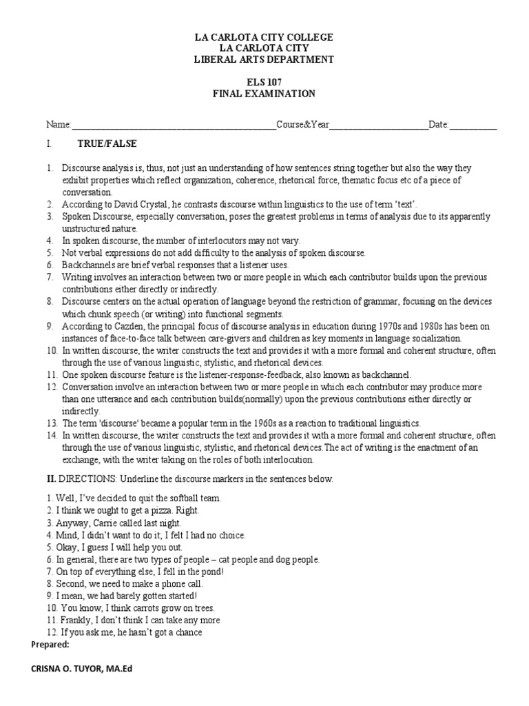 ELS 107 - Final Exam | PDF | Linguistics | Discourse ELS 107 - Final Exam | PDF | Linguistics | Discourse