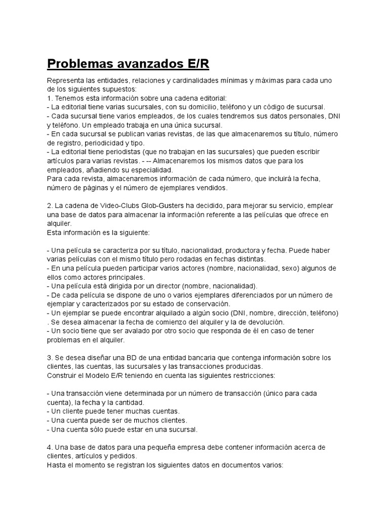Problemas Avanzados E - R | PDF | Bases de datos | Informática