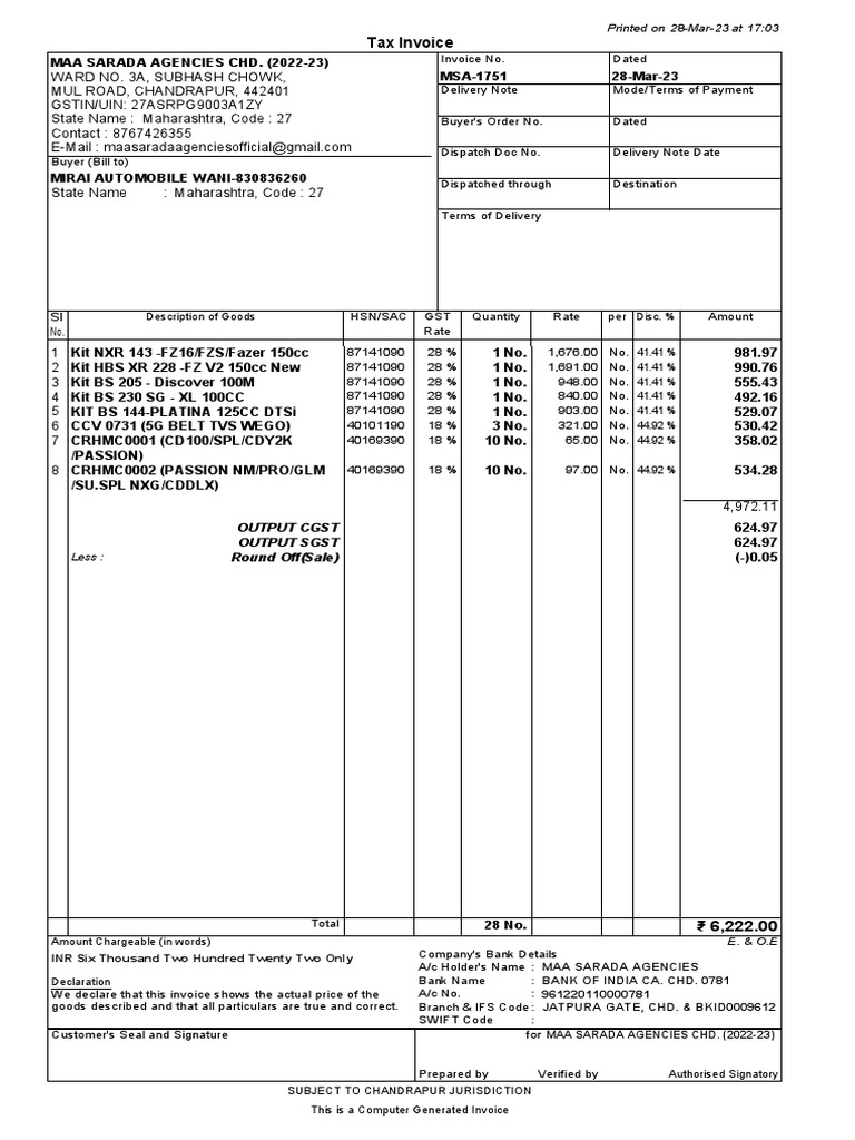 Tax Invoice: Description of Goods Amount Disc. % Per Rate Quantity GST ...