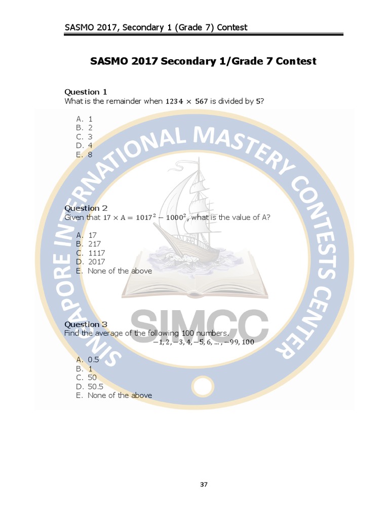 SASMO 2017 Secondary 1 Math Contest Questions and Solutions | PDF ...