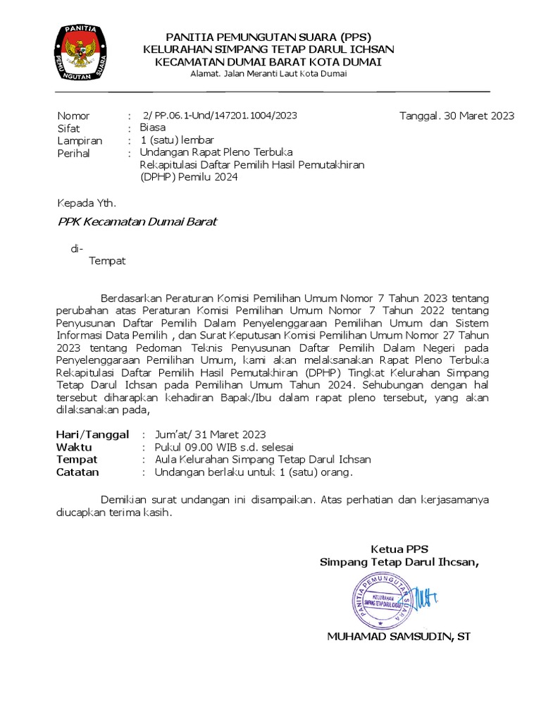 Undangan Rapat Pleno DPHP Pemilu 2024 | PDF