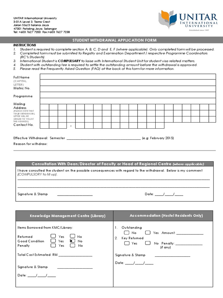 Student Withdrawal Application Form: Instructions | PDF | University ...