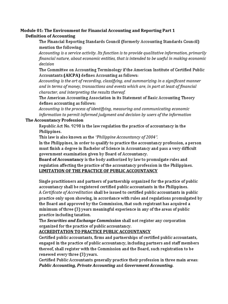 W1 Module 1 The Environment For Financial Accounting and Reporting ...