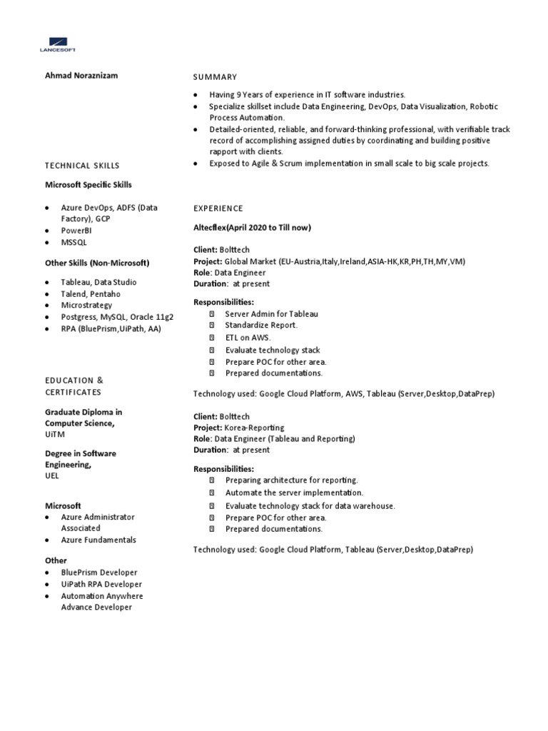 Ahmad Noraznizam's 9 Years IT Experience Summary | PDF