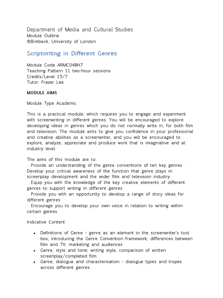 Screenwriting - Different Genres Module Guide | PDF | Genre
