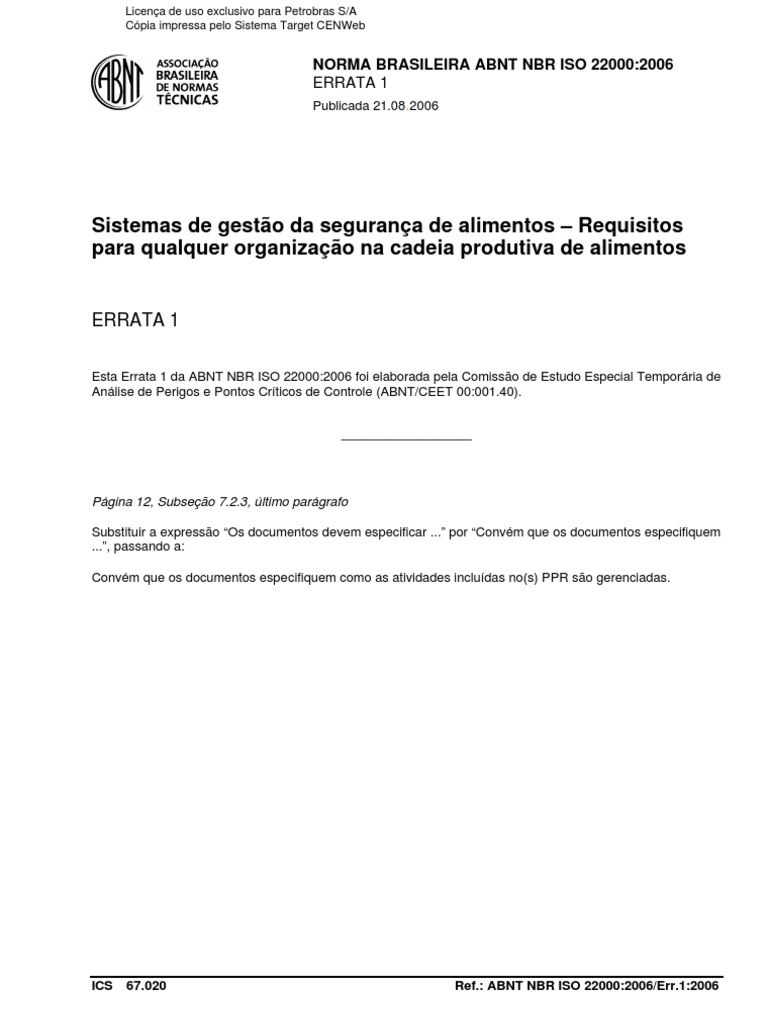Errata da ABNT NBR ISO 22000:2006 | PDF