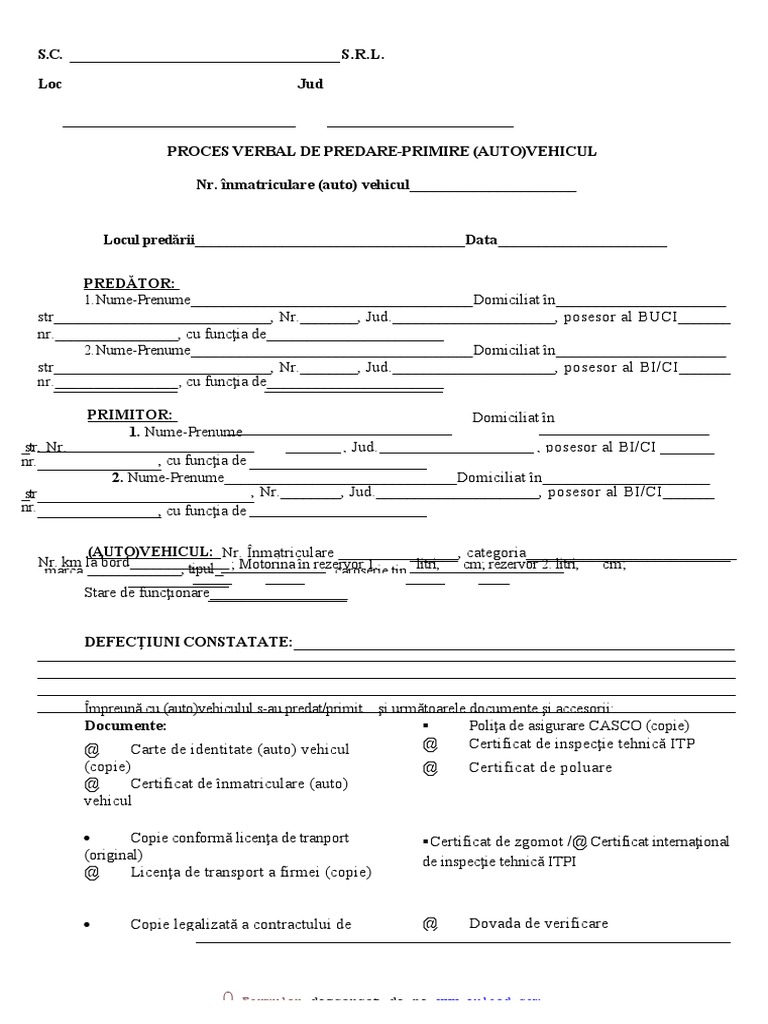 Proces Verbal Predare-Primire Auto | PDF