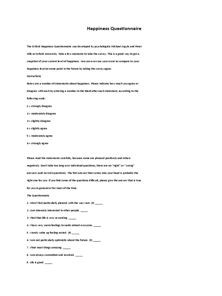 Happiness Questionnaire | PDF | Happiness | Questionnaire