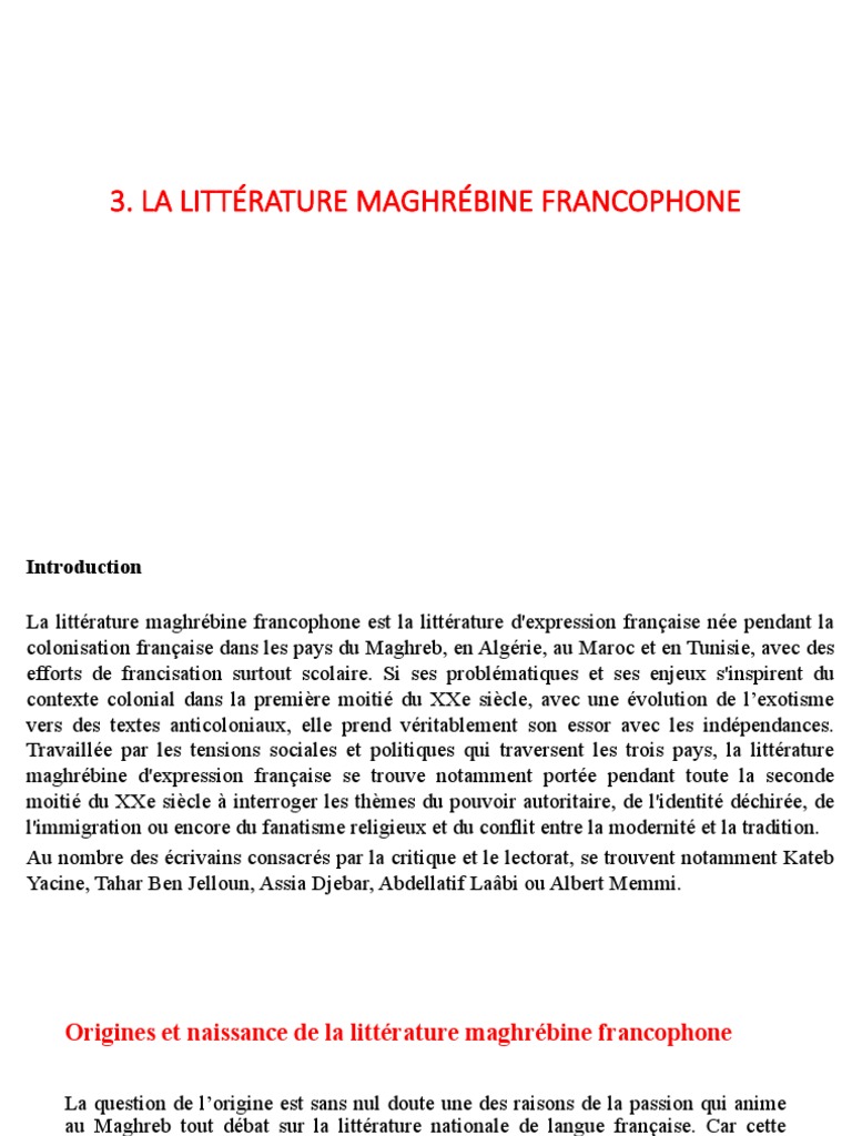Littérature maghrébine francophone : enjeux et auteurs | PDF | Romans