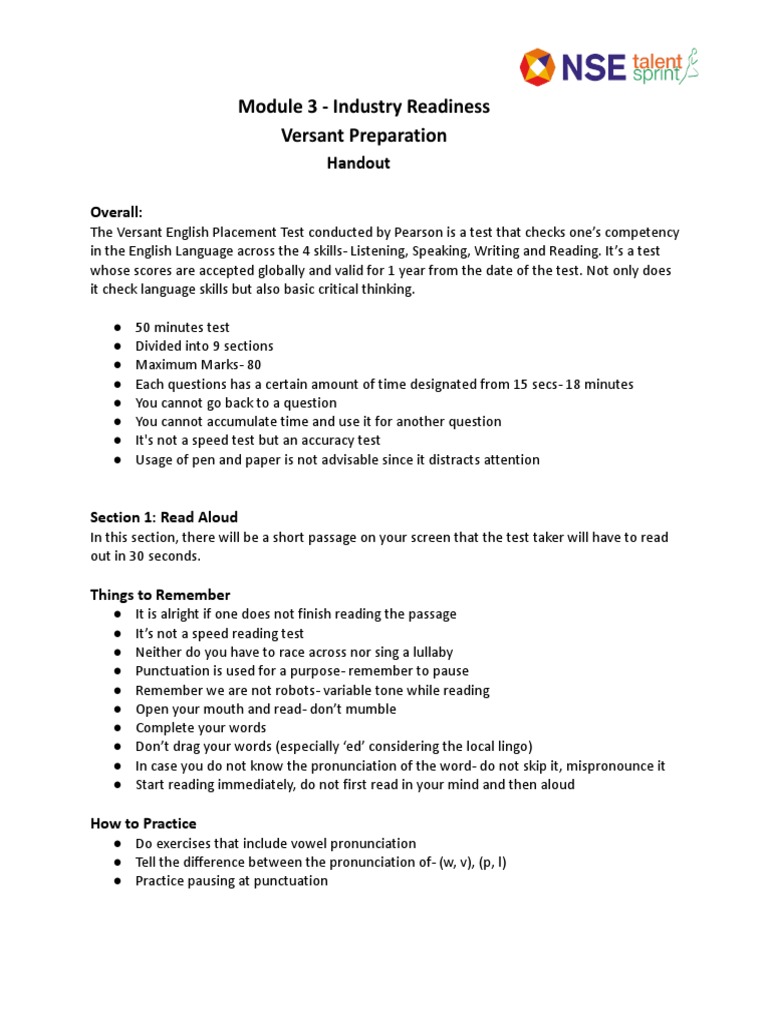 Session 1 - Versant Preparation - Handout | PDF | Punctuation | Letter Case