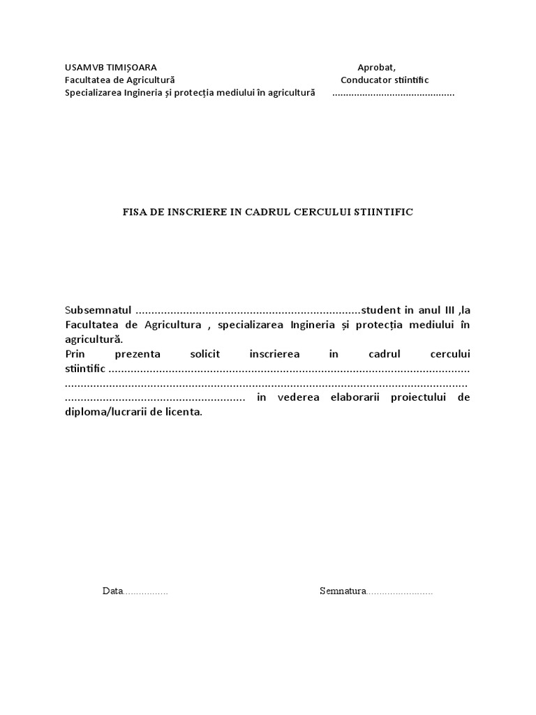 Model Fisa Inscriere Pentru Proiect de Diploma | PDF