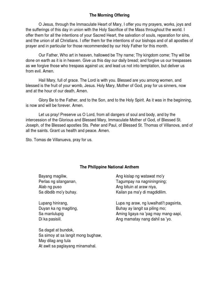 Morning Offering Prayer Guide | PDF | Lord's Prayer | Mary, Mother Of Jesus