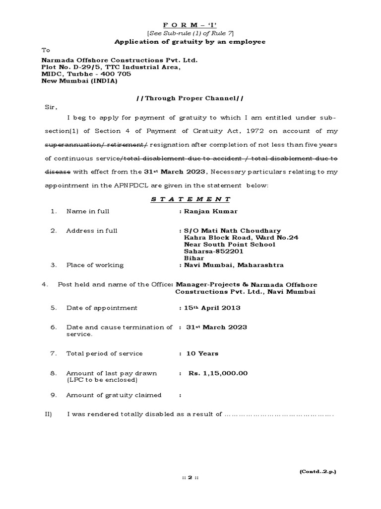 26 - I - Form Gratuity Appln by Emp. Who Appointed After 10 | PDF ...