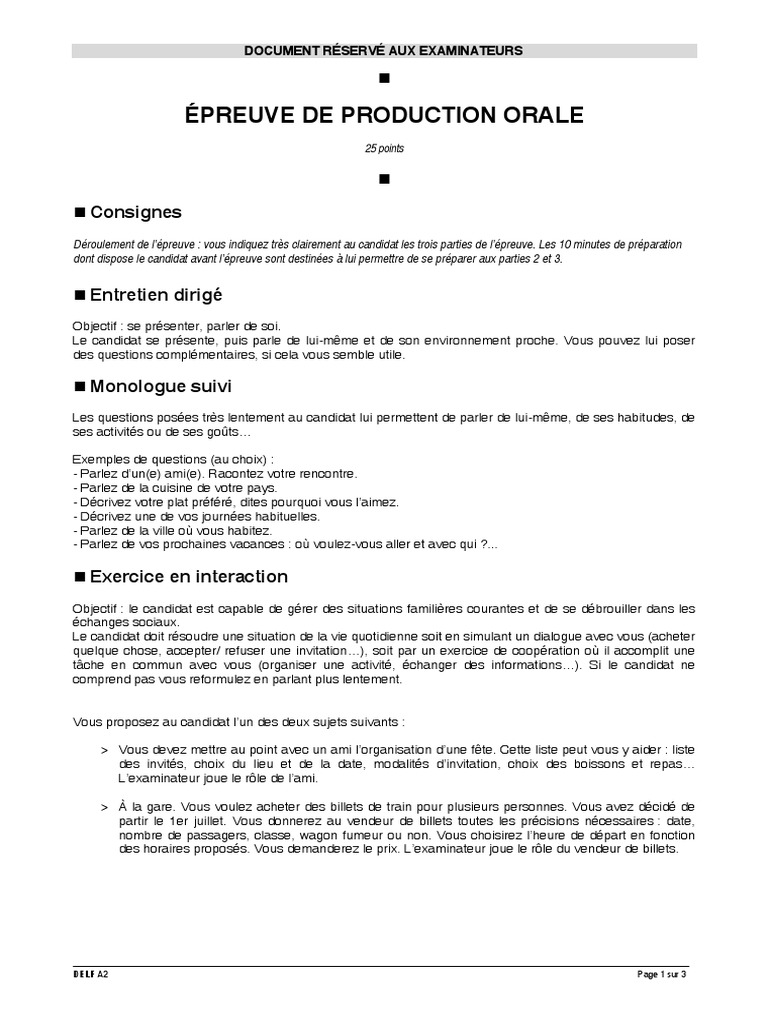 DELF A2 Production Orale Sujet 3 | PDF